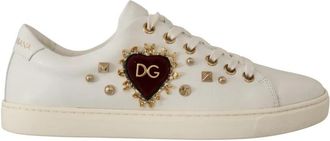 Dolce & Gabbana Wei&szlig;e Leder Gold Rote Herz Sneakers Schuhe