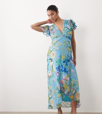 Hope & Ivy Maternity Maxi-Wickelkleid in Blau mit Blumenmuster, Flatter&auml;rmeln und Taillenschn&uuml;rung-Navy