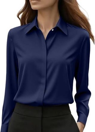 Generic Chemisier en satin élégant à manches longues boutonné pour femme, bleu marine, XXL