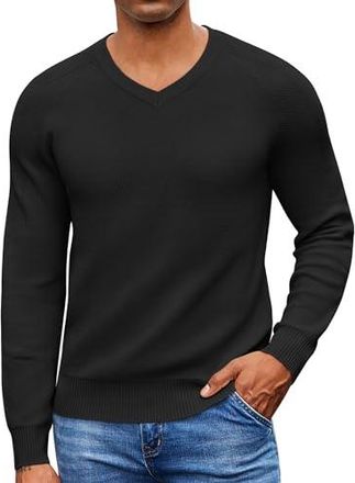 Coofandy Pull &agrave; col en V et Manches Longues pour Homme en Maille Fine Basique Noir L
