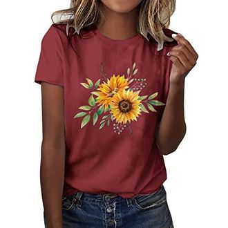 Generic T-shirt imprim&eacute; ample &agrave; manches courtes et col rond pour femme, bordeaux, XXL