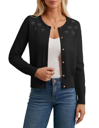 Grace Karin Damen Cardigan Kurz Strickjacke Button Down Stickerei Verziert Freizeit Strickjacke Schwarz XL