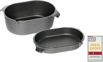 AMT Gastroguss Klaus grillt German Oven Set, große Ausführung, 42x28 cm, German Oven Bräter/German Oven Gußdeckel mit Grillboden, Aluguss, Lotan Antihaft-Veredelung,
