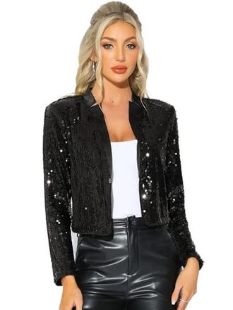 Allegra K Veste Courte &agrave; Paillettes Femme Blazer &agrave; Paillettes Scintillantes &agrave; Manches Longues et Devant Ouvert Blazer &agrave; Sequins Costume de No&euml;l Noir S