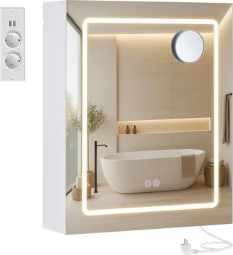 Vasagle Kailyn Kollektion - Spiegelschrank mit Beleuchtung, 16,5 x 50 x 60 cm, Badezimmerschrank, Wandschrank, Steckdosenleiste, Entfogging-Funktion, 10x Verg