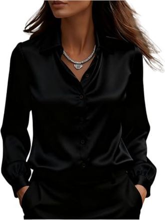 Generic Chemisier Femme Chic et &eacute;l&eacute;gant Chemise Manches Longues en Satin Tunique Blouse Couleur Unie Haut D&eacute;contract&eacute; Tshirt Tops Cadeau Ado Fille,Noir,XL,F56