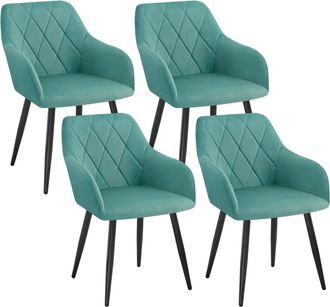 Woltu 4er Set Esszimmerstühle mit Armlehne Rückenlehne, für Esszimmer Wohnzimmer Küche, Bequeme Küchenstühle gepolstert mit Samtbezug, Metallbeinen, Türkis