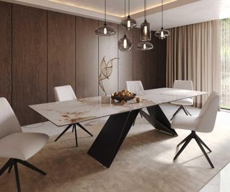 DELIFE Esstisch Edge 300x100 Keramik Minas Melange Wei&szlig;-Beige V-Gestell Flachstahl Schwarz, Esstische