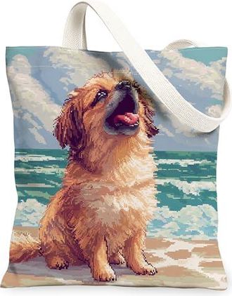 Generic Sac fourre-tout d&eacute;t&eacute; en toile motif chien p&eacute;kinois 33 x 38 cm, sac d&eacute;picerie r&eacute;utilisable pour femme, peinture esth&eacute;tique, d&eacute;coration cadeau