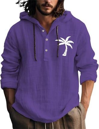 Generic Chemise en lin pour homme - Coton et lin - Sweat &agrave; capuche - Manches longues - Chemise d&eacute;t&eacute; &agrave; manches longues - Avec capuche - Boutonni&egrave;re - Couleur u