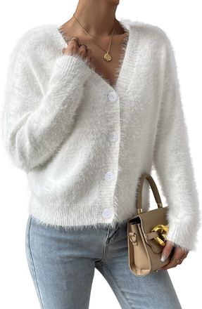 Pink Queen Damen Cropped Pullover Top Langarm V-Ausschnitt lockere Pelzige Strickjacke Offen Knopfleiste Kurz Weiß XL