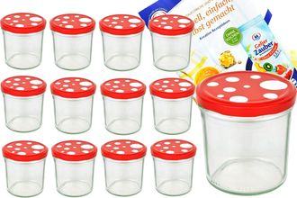 MamboCat 12er Set Sturzglas 350 ml to 82 Fliegenpilz Deckel rot weiß gepunktet incl. Diamant Gelierzauber Rezeptheft Marmeladenglas Einmachglas Einweckglas