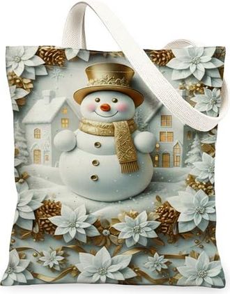 Generic Sacs fourre-tout en toile motif bonhomme de neige dhiver, sacs d&eacute;picerie r&eacute;utilisables, vintage, rustique, l&eacute;ger, lavable, blanc, 13x15 Inch