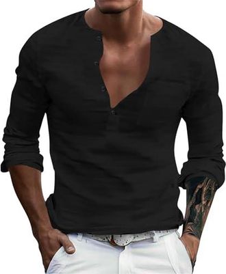 Generic T-shirt &agrave; manches longues pour homme - Style vintage - En coton - Grandes tailles - Col montant - Chemise de plage - Col rond - Chemise d&eacute;t&eacute; &eacute;l&eacute;gante 