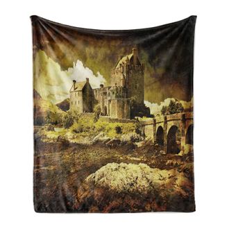 Abakuhaus Mittelalterlich Weiche Kuscheldecke Sofadecke, Old Scottish Castle, Gemütlicher Plüsch für den Innen- und Außenbereich, 175 x 230 cm, Grau Grün