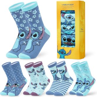 Disney Stitch Damen Socken, bunte warme Str&uuml;mpfe mit Motiv, Geschenke f&uuml;r Frauen, Teenies, 5er-Pack (35-41 EU, Blau Stitch)