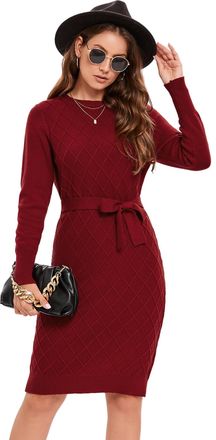 KOJOOIN Strickkleid Damen Pulloverkleid Elegant Zopfmuster Langarm Tunika Kleid Strickpullover A Linien Minikleid Rundhals Pullikleid Weinrot L
