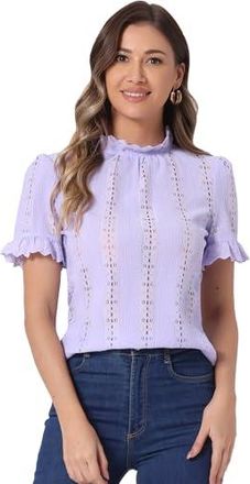 Allegra K Haut à oeillets en Crochet pour Femme avec col Montant et Manches Bouffantes. Violet Clair S