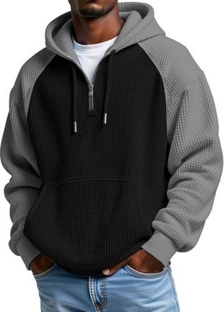 Generic Sweat &agrave; capuche pour homme - Motif gaufr&eacute; - Manches longues - Avec fermeture &eacute;clair 1/4 - Confortable - Pull en tricot d&eacute;contract&eacute; - Printemps - Autom