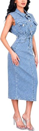 Ital-Design Jeanskleid Damen Jeanskleid Midi mit G&uuml;rtel und Knopfleiste (91978491) Used-Look Stretch Jeanskleid in Hellblau