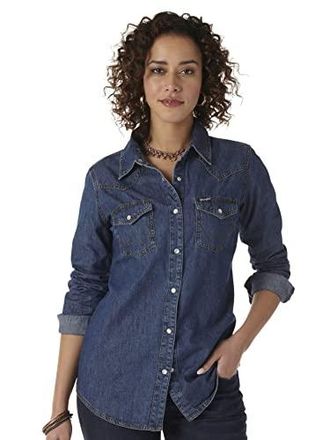 Wrangler Womens Retro Long Sleeve Western Snap Shirt, Dark Denim, X-Large