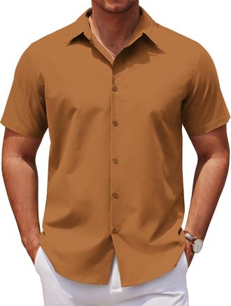 Coofandy Kurzarmhemd Herren Leichts Sommerhemd Business Hemd Freizeithemd Button Down Formales Hemd Arbeitshemden Männer Hochzeitshemd Hell Braun M