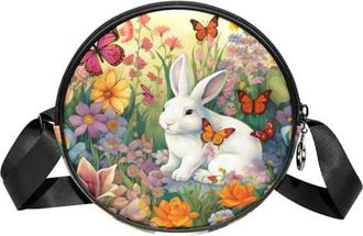 Generic Petit sac &agrave; bandouli&egrave;re circulaire pour femme, motif floral, lapin, sac &agrave; dos &agrave; bandouli&egrave;re avec fermeture &eacute;clair, bretelles r&eacute;glables, sac &agrave; main ron