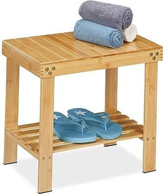 Relaxdays Badhocker aus Bambus, Sitzhocker mit extra Ablagefläche, HxBxT: 41,5 x 44 x 28 cm, Stauraum Flur & Bad, Natur