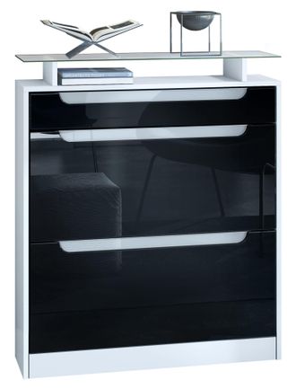 Vladon Schuhschrank Fiesta, Wei&szlig; matt/Schwarz Hochglanz/Wei&szlig; Hochglanz Schuhkipper f&uuml;r 16 Paar Schuhe mit 2 Klappen (89 x 104 x 23 cm)
