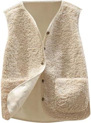 Minetom Femme Gilet En Molleton Polaire Doux Sans Manche Coupe Classique Grandes Filles Couleur Unie Blouson Bouton Matelassée Veste Avec Poches A Beige L