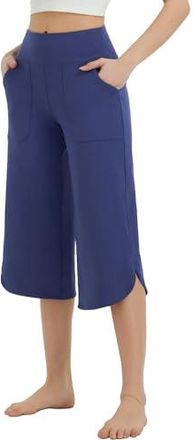 Baleaf Pantacourt pour femme - Pantalon de yoga coupe droite et large avec poches - Taille haute - Legging dentraînement décontracté pour lété, bleu, XL