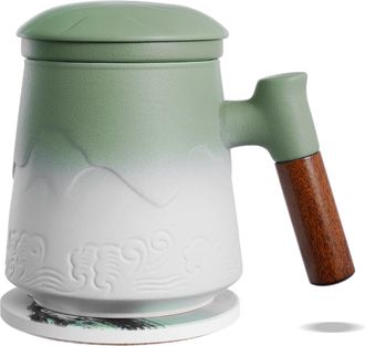 Zens Teetasse mit Deckel und Sieb, 450 ml Gro&szlig;e Holzgriff Teebecher mit Teesieb f&uuml;r Losen Tee, Gepr&auml;gtem Keramik Teetassen und Untersetzer Set, Geschenke f