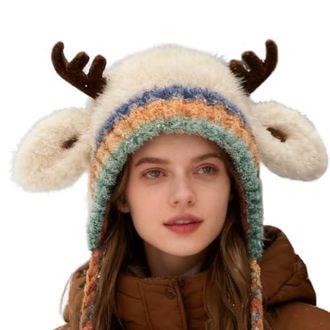 Generic Chapeau dhiver en Forme de cerf - Bonnet tricot&eacute; Coupe-Vent de 30,5 cm, Motif Bois de cerf de No&euml;l, Doublure en Polaire Thermique | Couvre-Chef de Vac