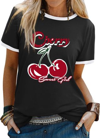 Dresswel Tshirt Damen Sweet Girl Cherry Druck Kurzarm T-Shirt Sommer Oberteile Tops Rundhals Bedruckte L&auml;ssig Tee Shirts
