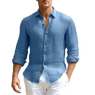 Generic Chemise formelle en lin &agrave; manches longues pour homme - Chemise boutonn&eacute;e en lin - Coupe ajust&eacute;e - Style d&eacute;contract&eacute; - Blanc - Col en V - T-shirt pour 