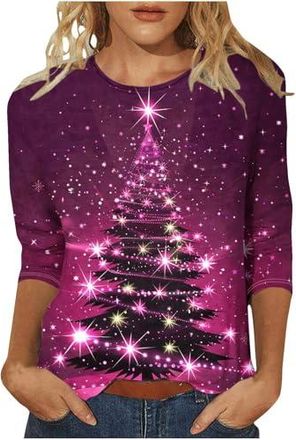 Generic Haut de No&euml;l tendance surdimensionn&eacute; pour femme, motif sapin de No&euml;l brillant, col rond, manches 3/4, v&ecirc;tements amples d&eacute;contract&eacute;s pour famille, f&ecirc;te