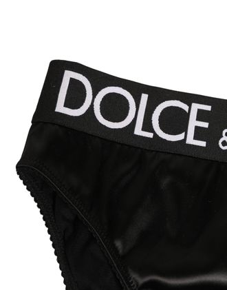 Dolce & Gabbana Black Satin High-Waist Brief Logo Women Underwear Elastane Silk Clothing