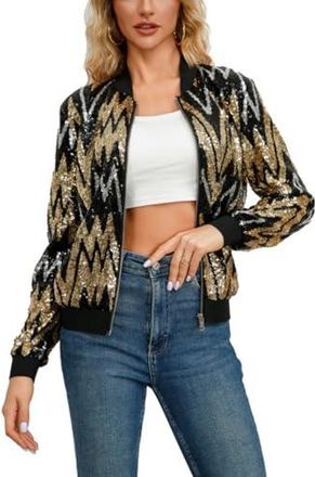 ORANDESIGNE Veste de Baseball à Paillettes Femmes Blouson Bomber Sequins À Manches Longues Veste Zip Bomber Manteau Outwear Paillettes Fête Brillant Vêtements Man