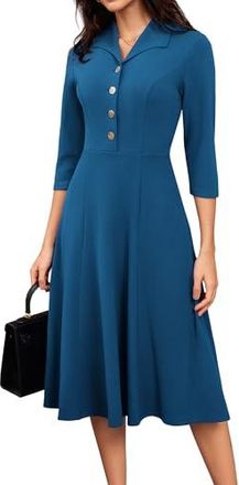 Grace Karin Grace Karin Robe d&eacute;contract&eacute;e pour femmes avec col &agrave; revers et manches 3/4 vintage, style A-line avec boutons m&eacute;talliques pour le bureau, bleu marine,