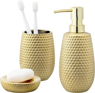 Navaris Premium Badset - modernes Badezimmer Set - Deko Bad Set mit Seifenspender Seifenschale und Zahnputzbecher - Badzimmer Zubehör - Seifenspender in Gold 