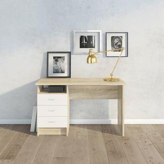 Dmora Linearer Schreibtisch mit drei Schubladen, Farbe Eiche weiß, Maße 120 x 72 x 48 cm