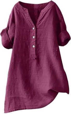 Generic Chemises d&eacute;t&eacute; pliss&eacute;es en lin 2025 pour femmes, hauts en gaze pliss&eacute;s brod&eacute;s, v&ecirc;tements de f&ecirc;te d&eacute;contract&eacute;s &agrave; manches 3/4, col montant, surdimensionn