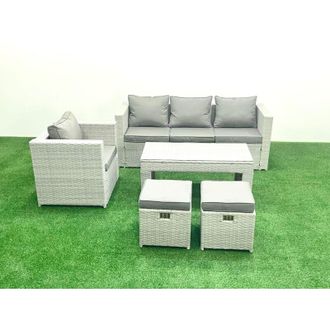 Fimous Polyrattan Gartenm&ouml;bel Set 5 St&uuml;cke Outdoor Garten Sofa Rechteckiger Couchtisch Set mit Sessel 2 kleine Fu&szlig;hockern Hellgrau gemischt - Fimous