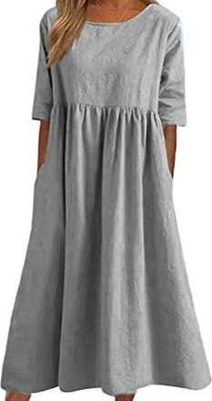 Onsoyours Femme Robe Dété Lin Ample Sport Décontractée Été Élégant Loisirs Vintage Robe Lâche Robe col Rond avec Poche Robe de Couleur Unie Midi Robe A Gris Cla