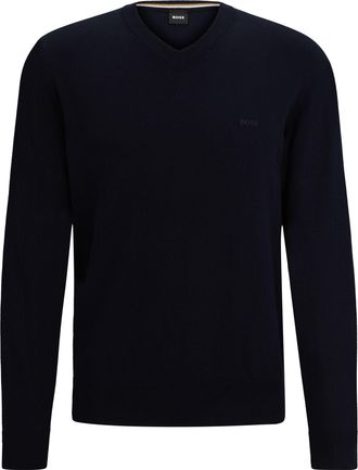 BOSS Herren Pacello-L Pullover aus Reiner Baumwolle mit V-Ausschnitt und Logo-Stickerei Dunkelblau S