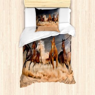Abakuhaus Pferd Bettbezug Set für Einzelbetten, Equine Themed Tiere, Milbensicher Allergiker geeignet mit Kissenbezug,Braun Sand