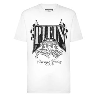 Philipp Plein Jersey T-Shirt Rundhals Strass Racing Club - - Tops - Herren - Wei&szlig; - 2XL