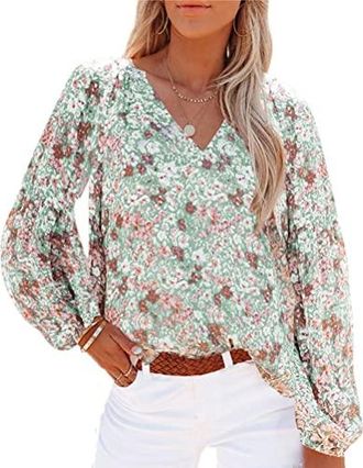 TOMWELL Chemisier Femme Col V Floral Imprimé Blouse Élégant Haut Manches Longues Tunique Ample Fluide Mousseline de Soie Vintage T-Shirt Femme Tops Décontract
