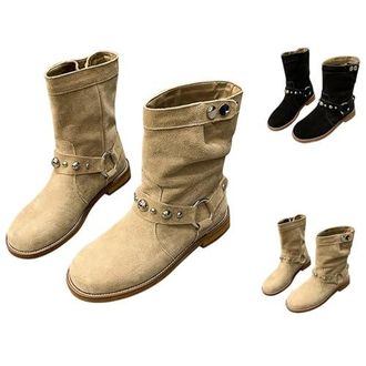 Generic Bottes de cowboy en daim pour femme, bottes occidentales &agrave; bout rond &agrave; talons bas, bottines occidentales avec boucle en m&eacute;tal, bottes de cowgirl mi-mo