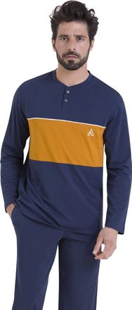 Ath&eacute;na Langer Schlafanzug f&uuml;r Herren, Nightwear Chic - 100% Bio-Baumwolle - Langarm-T-Shirt mit Tunesischem Kragen + Hose - &Ouml;ko-TEX Standard 100 und GOTS, Ma